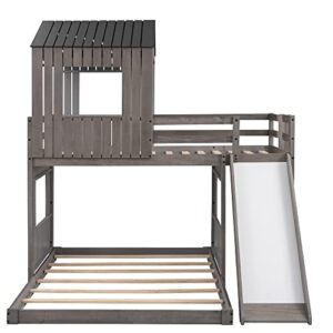 BOVZA House Bunk Beds with Slide, Wood Twin Over Full L-Shaped Bunk Beds with Roof, Windows, Ladder and Guardrails for Kids Teens Girls Boys, Antique Gray