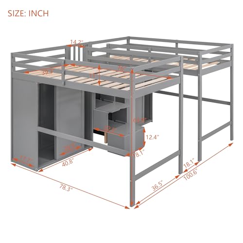 BOVZA Double Twin Size Loft Bed with Storage Stairs and 2 Wardrobes, Wood Loft Bed Frame with Staircase for 2 Kids Girls Boys Teens, Gray