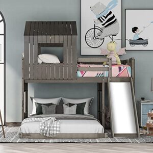 BOVZA House Bunk Beds with Slide, Wood Twin Over Full L-Shaped Bunk Beds with Roof, Windows, Ladder and Guardrails for Kids Teens Girls Boys, Antique Gray