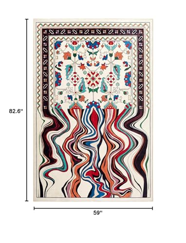 Washable Melting Retro Oriental 5x7 Area Rugs Carpet - Low Pile Thin Soft Shag Abstract Wavy Funky Tribal Traditional Antique Southwestern Rug for Bedroom Living Room Dining Room Entryway Office