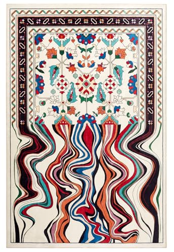 Washable Melting Retro Oriental 5x7 Area Rugs Carpet - Low Pile Thin Soft Shag Abstract Wavy Funky Tribal Traditional Antique Southwestern Rug for Bedroom Living Room Dining Room Entryway Office