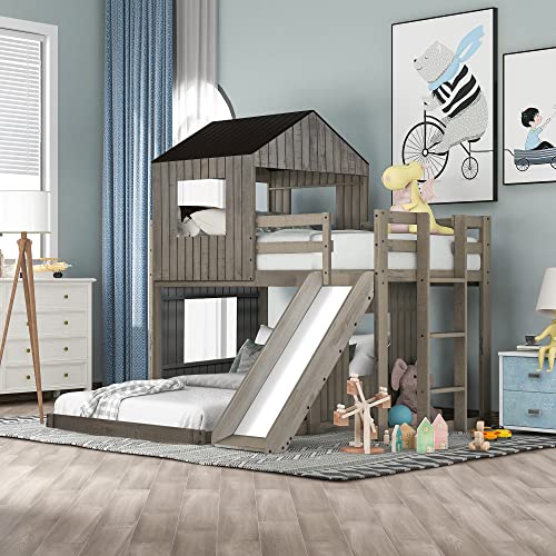 BOVZA House Bunk Beds with Slide, Wood Twin Over Full L-Shaped Bunk Beds with Roof, Windows, Ladder and Guardrails for Kids Teens Girls Boys, Antique Gray