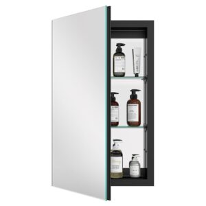 quavikey medicine cabinet with aluminum recessed or surface mount bathroom mirror with storage 16x26 inch, black