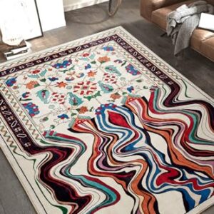 Washable Melting Retro Oriental 5x7 Area Rugs Carpet - Low Pile Thin Soft Shag Abstract Wavy Funky Tribal Traditional Antique Southwestern Rug for Bedroom Living Room Dining Room Entryway Office