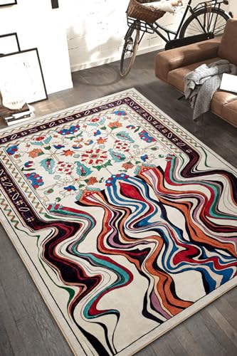 Washable Melting Retro Oriental 5x7 Area Rugs Carpet - Low Pile Thin Soft Shag Abstract Wavy Funky Tribal Traditional Antique Southwestern Rug for Bedroom Living Room Dining Room Entryway Office