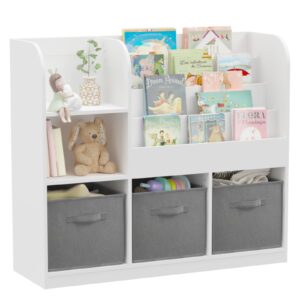 jardin-monde kids bookcase and bookshelf. toy organizer shelves with 3 collapsible fabric drawers and multi-layer bookshelf for nursery, bedroom and playroom