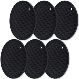 homedge silicone round trivets, 6 pack heat resistant non slip pot holders-black, 7x0.24x7 inches, food grade silicone, honeycomb surface design, dishwasher safe, multipurpose kitchen utensil