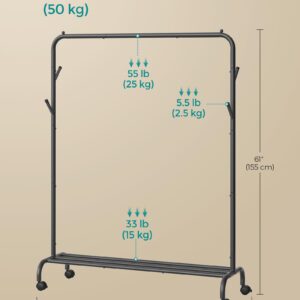 SONGMICS Clothes Rack, Clothing Rack for Hanging Clothes with Wheels, Heavy Duty Garment Rack, Metal Frame, 110 lb Max. Total Load, 40.7 Inches Wide, Clothes Storage and Display, Black UHSR131B01