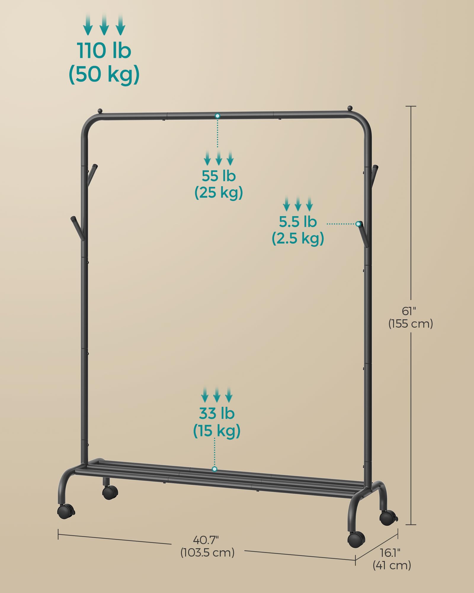 SONGMICS Clothes Rack, Clothing Rack for Hanging Clothes with Wheels, Heavy Duty Garment Rack, Metal Frame, 110 lb Max. Total Load, 40.7 Inches Wide, Clothes Storage and Display, Black UHSR131B01