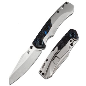 kansept weim pocket folding knives for men edc camping folding knife 3.28'' stonewashed cpm s35vn material pocket folding knife with plian titanium + blue carbon fiber handle k1051a4