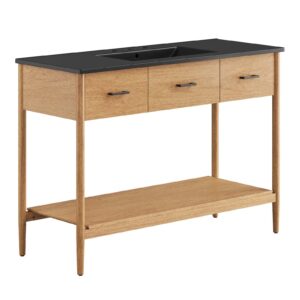 modway zaire 48” mid-century single bathroom vanity washstand in natural black with ceramic sink basin, 48 inches