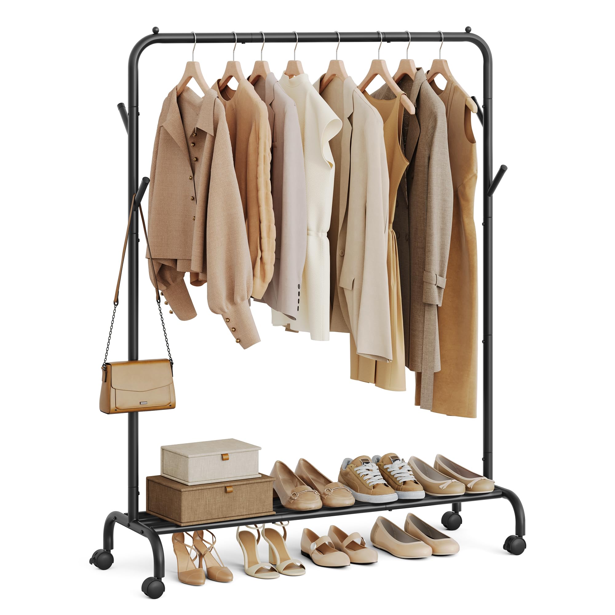 SONGMICS Clothes Rack, Clothing Rack for Hanging Clothes with Wheels, Heavy Duty Garment Rack, Metal Frame, 110 lb Max. Total Load, 40.7 Inches Wide, Clothes Storage and Display, Black UHSR131B01