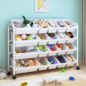 experlam kids toy storage organizer with 20 plastic bins, 4-tier metal toy storage rack, extra large toy organizer and storage bins for kids room, playroom and nursery, white