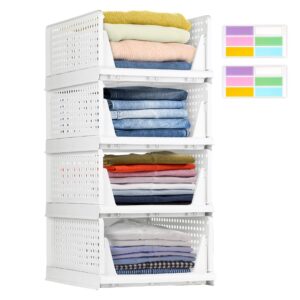 simplest living foldable storage bin shelves stackable organizer 4 pack(l) clothes drawer organizer-collapsible crates-stackable storage shelf for office-rv-dorm with 2 label sheets-white