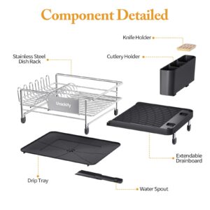 Urackify Dish Drying Rack, Expandable Stainless Steel Dish Rack with Drainboard Set Kitchen Sink Organizer for Counter, Large Capacity Kitchen Accessories with 360° Swivel Spout