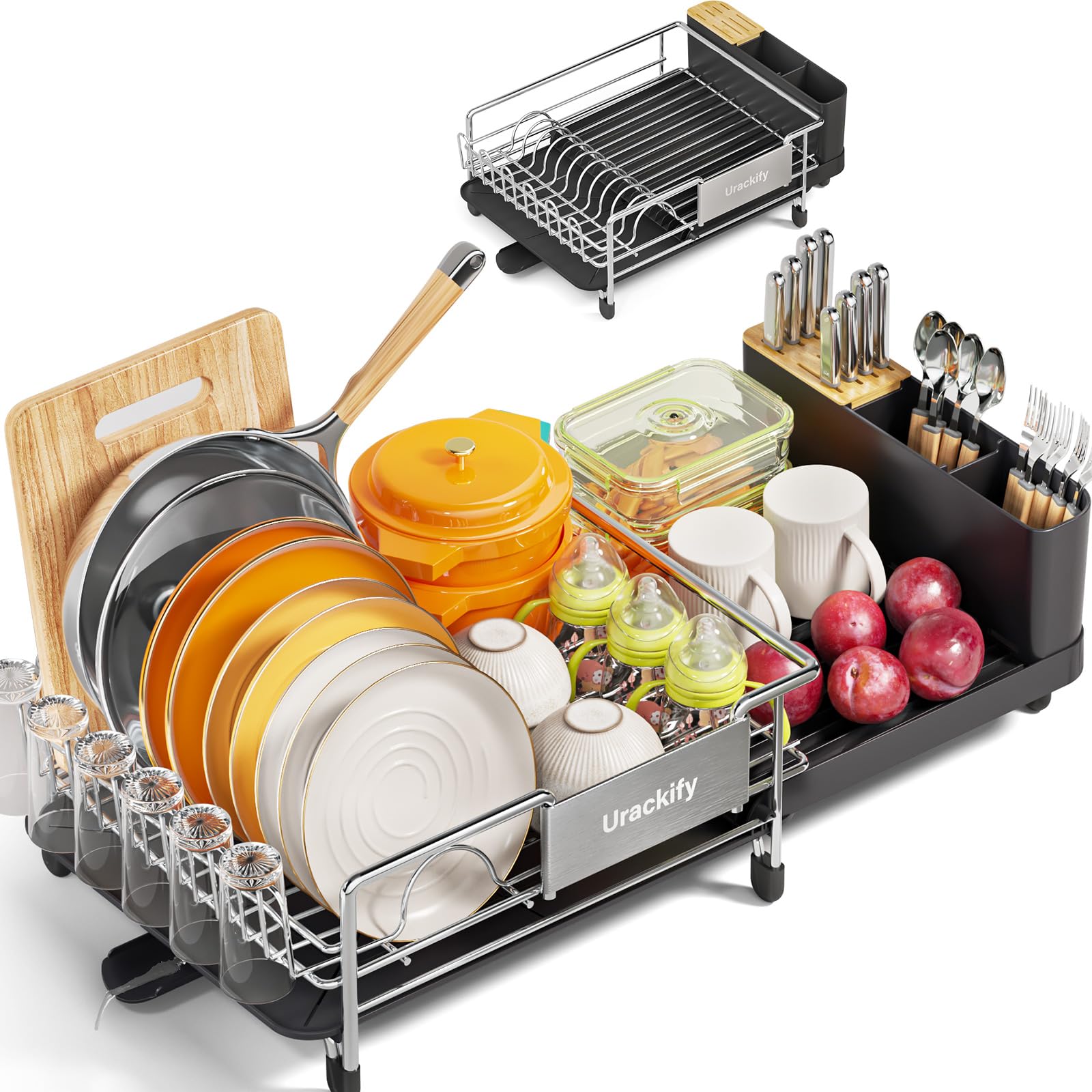 Urackify Dish Drying Rack, Expandable Stainless Steel Dish Rack with Drainboard Set Kitchen Sink Organizer for Counter, Large Capacity Kitchen Accessories with 360° Swivel Spout