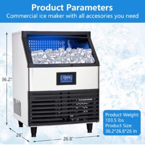 Commercial Ice Maker Machine 440lbs/24H, Stainless Steel Under Counter ice Machine with 40L Ice Storage Capacity, 8 * 20 Ice Cube Freestanding Ice Maker