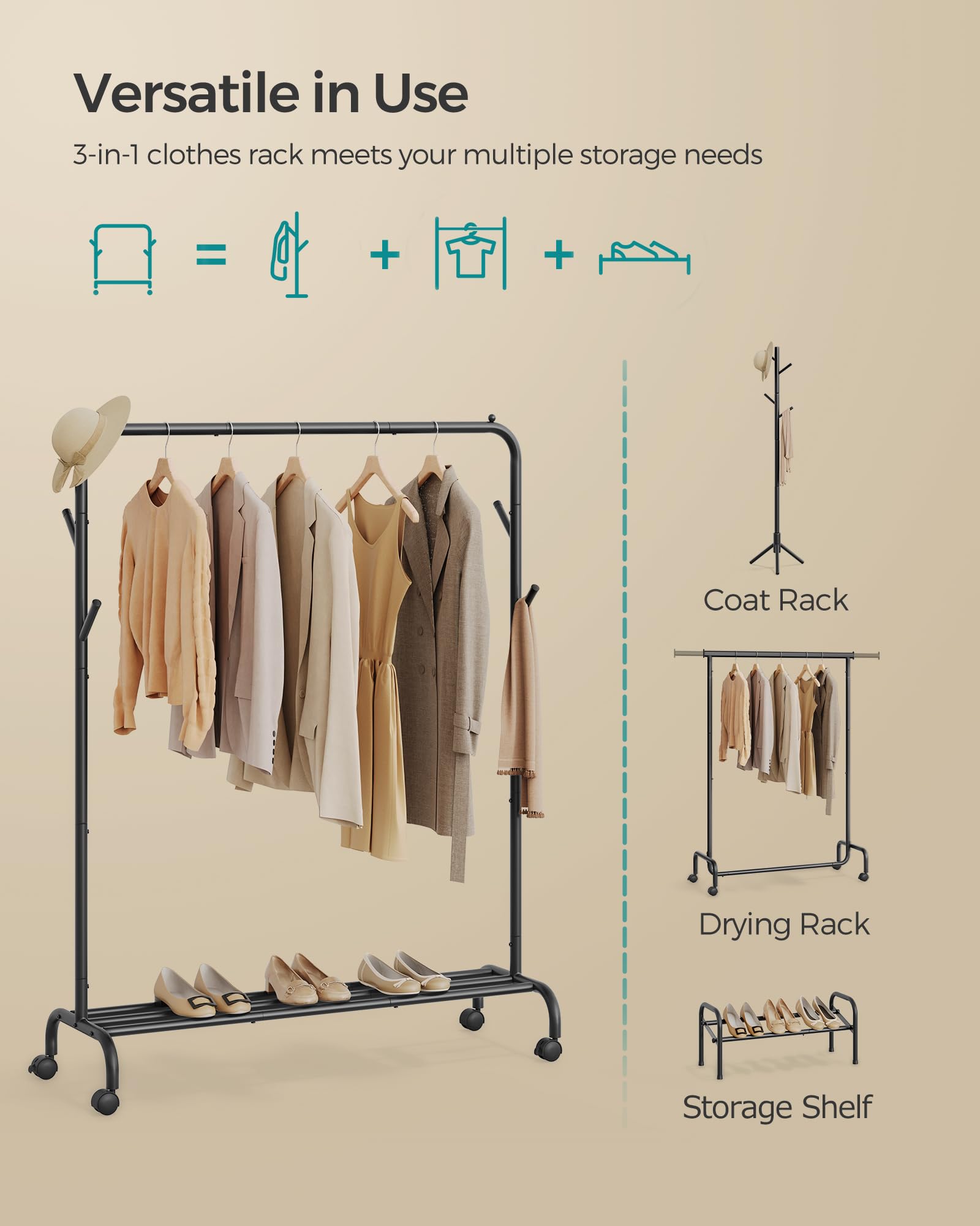 SONGMICS Clothes Rack, Clothing Rack for Hanging Clothes with Wheels, Heavy Duty Garment Rack, Metal Frame, 110 lb Max. Total Load, 40.7 Inches Wide, Clothes Storage and Display, Black UHSR131B01