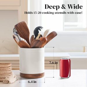 DOWAN 7.6" 360° Rotating Utensil Holder, Cooking Utensil Holder, Kitchen Utensil Holder for Countertop, Ceramic Utensil Crock, Large Utensil Holder for Kitchen Counter, Protection Cork Bottom, White