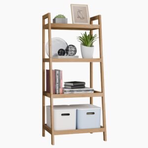 smibuy bamboo ladder bookcase, bathroom storage rack organizer, 4 tier freestanding plant display stand space saver shelves for bedroom, kitchen, balcony (natural)