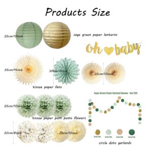 Sage Green Baby Shower Decorations Oh Baby Banner Tissue Paper Pom Poms Flowers Paper Fans Circle Dot Garland Neutral Party Supplies Boy Girl Gender Reveal Birthday Party Decorations