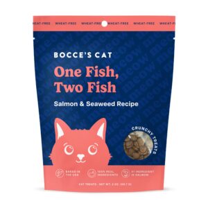 bocce's bakery, one fish, two fish crunchy treats for cats, wheat-free everyday cat treats, made with limited-ingredients, baked in the usa, all-natural crunchy treats, salmon & seaweed recipe, 2 oz