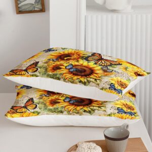 AILONEN Sunflower Duvet Cover Set King Size,Sunflower Bedding Sets Butterfly Comforter Cover Set,Retro Sunflower Printed Yellow Flower Comforter Cover Set 3 Pieces, 1 Quilt Cover and 2 Pillowcases