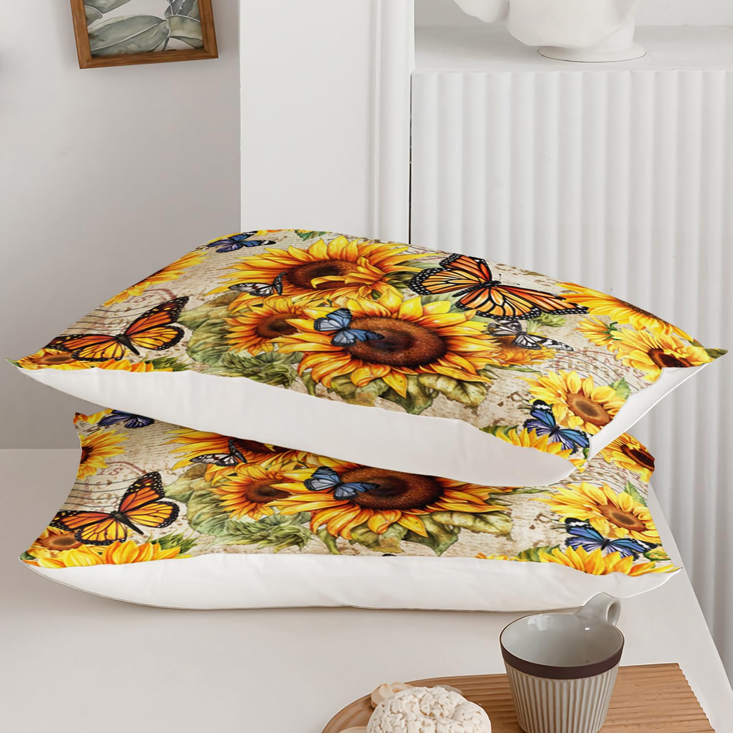 AILONEN Sunflower Duvet Cover Set Queen Size,Sunflower Bedding Sets Butterfly Comforter Cover Set,Retro Sunflower Printed Yellow Flower Comforter Cover Set 3 Pieces, 1 Quilt Cover and 2 Pillowcases