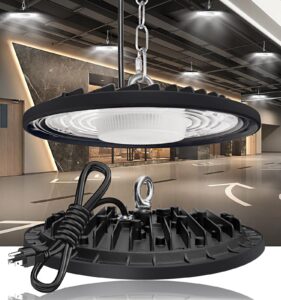 2 pack led high bay light 120w,5000k ufo lighting with steel safety rope, ip65 waterproof commercial led warehouse lights for shop warehouse factory etc. (with us plug 5ft cable)