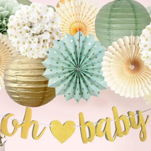 Sage Green Baby Shower Decorations Oh Baby Banner Tissue Paper Pom Poms Flowers Paper Fans Circle Dot Garland Neutral Party Supplies Boy Girl Gender Reveal Birthday Party Decorations