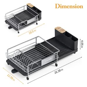 Urackify Dish Drying Rack, Expandable Stainless Steel Dish Rack with Drainboard Set Kitchen Sink Organizer for Counter, Large Capacity Kitchen Accessories with 360° Swivel Spout