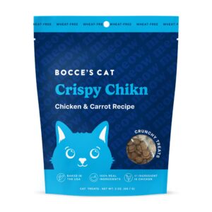 bocce's bakery, crispy chikn crunchy treats for cats, wheat-free everyday cat treats, made with limited-ingredients, baked in the usa, all-natural crunchy treats, chicken & carrot recipe, 2 oz