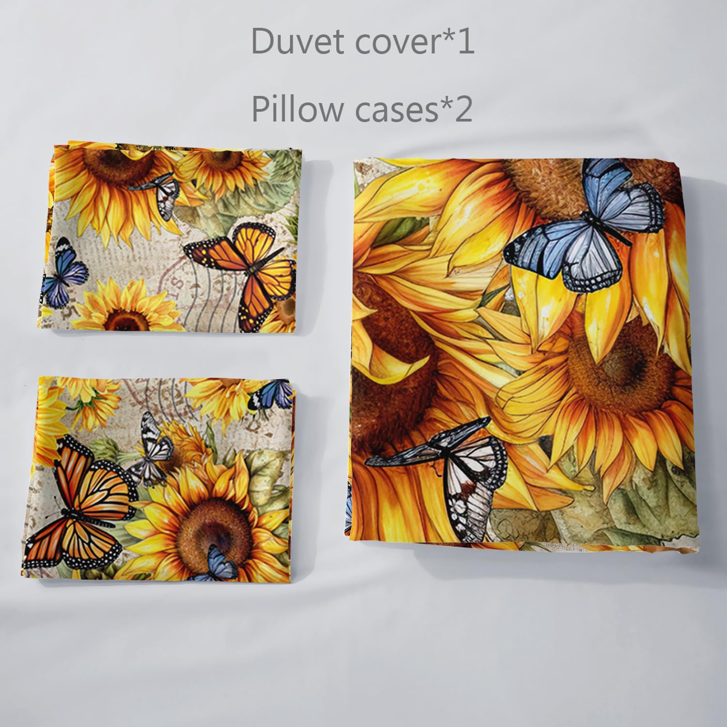 AILONEN Sunflower Duvet Cover Set King Size,Sunflower Bedding Sets Butterfly Comforter Cover Set,Retro Sunflower Printed Yellow Flower Comforter Cover Set 3 Pieces, 1 Quilt Cover and 2 Pillowcases