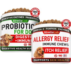 probiotics + allergy relief for dogs bundle - chewable fiber supplement + itchy skin treatment - digestive enzymes + omega 3 & pumpkin - upset stomach relief + itch relief- 360 chews - made in usa