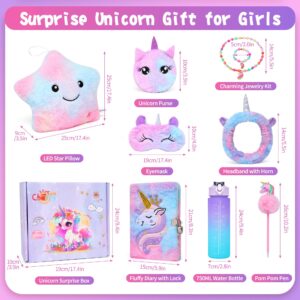 Cherry Tale Unicorns Gifts for Girls Age 6-8, Kids Unicorn Toy Set with Light Up Star Pillow Water Bottle Plush Diary Birthday for Girls Age 4 5 6 7 8 9 10