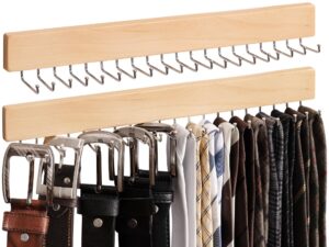 storageworks tie rack, tie holder organizer with 20 hooks, 2-pack necktie organizers hold ties, belts, wall-mounted tie holders for closet, wooden belt and tie organizer for men, natural wood color