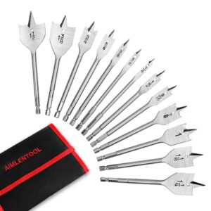 aimlentool 13 piece spade drill bit set, paddle flat bit for woodworking, hole cutter wood drill bit set with quick change shank, 1/4" to 1-1/2", nylon storage pouch included