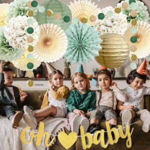 Sage Green Baby Shower Decorations Oh Baby Banner Tissue Paper Pom Poms Flowers Paper Fans Circle Dot Garland Neutral Party Supplies Boy Girl Gender Reveal Birthday Party Decorations