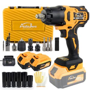 autojare cordless impact wrench 1/2 inch 479 ft-lbs(650 n.m) brushless power impact wrenches 3 in 1 electric impact wrench with 2 x 4.0a battery, 6 sockets, 5 drill, 3 screw, fast charger