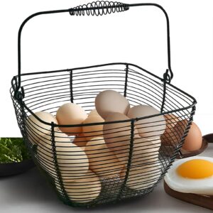 black square wire egg basket for fresh egg with handle,famhouse small metal egg collecting basket for gathering fresh eggs chicken basket decor for kitchen countertop rustic style