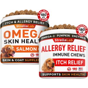 omega 3 + allergy relief for dogs bundle - allergy & itch relief + itchy skin treatment - epa & dha fatty acids + pumpkin - shedding, itchy skin relief + itch relief- 360 chews - made in usa