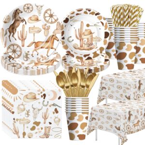 apowbls western cowboy birthday party decorations dinnerware - wild west party supplies, plate, cup, napkin, cutlery, tablecloth, western cowboy rodeo birthday baby shower decorations | serve 24