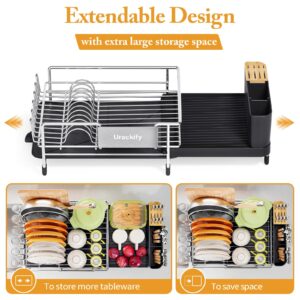 Urackify Dish Drying Rack, Expandable Stainless Steel Dish Rack with Drainboard Set Kitchen Sink Organizer for Counter, Large Capacity Kitchen Accessories with 360° Swivel Spout