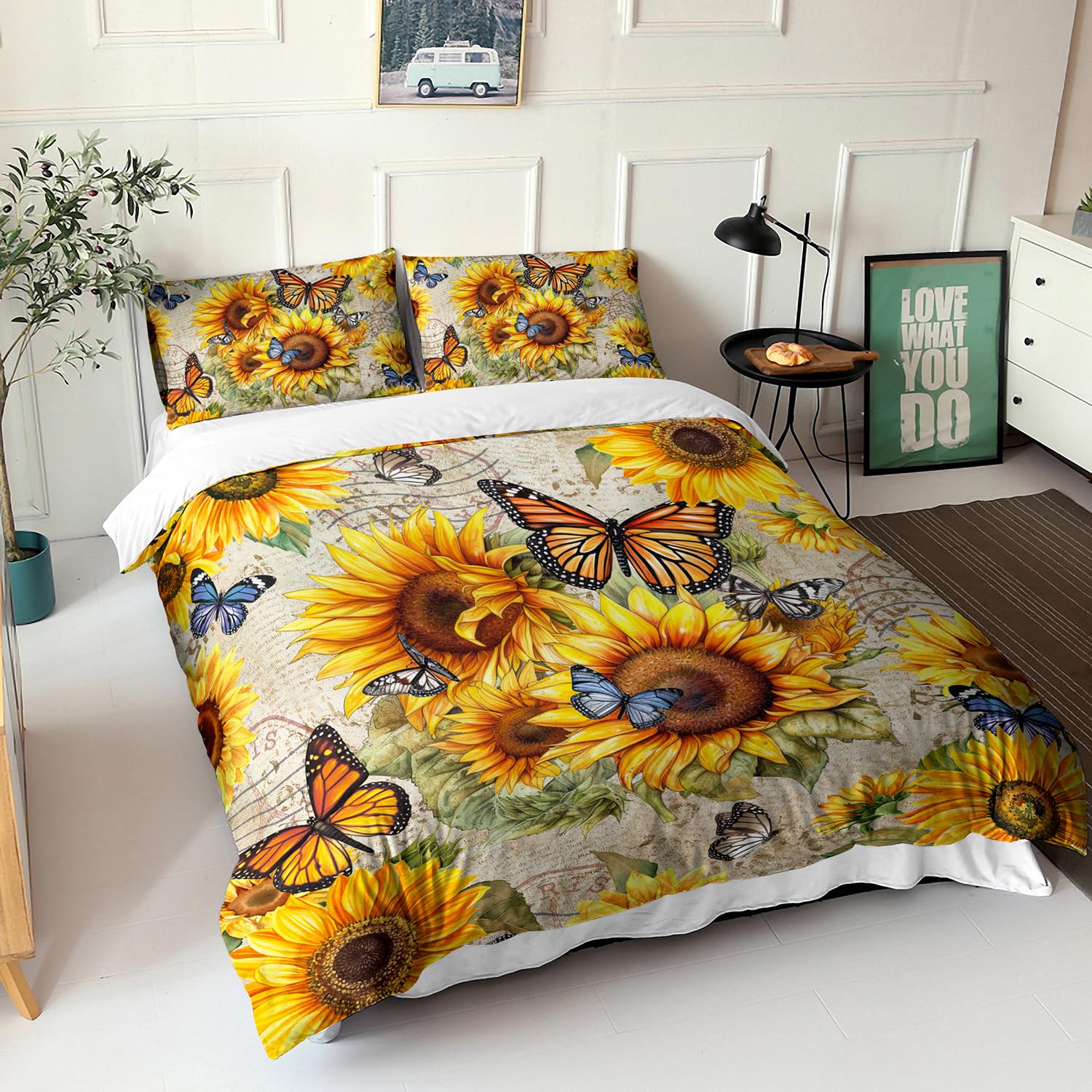 AILONEN Sunflower Duvet Cover Set King Size,Sunflower Bedding Sets Butterfly Comforter Cover Set,Retro Sunflower Printed Yellow Flower Comforter Cover Set 3 Pieces, 1 Quilt Cover and 2 Pillowcases