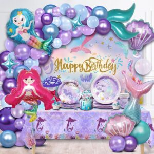 party spot! mermaid birthday decorations, mermaid party decorations supplies kit, 16 tableware sets, balloon arch, balloons, mermaid disposable paper plates, backdrop, cake topper, all in one set