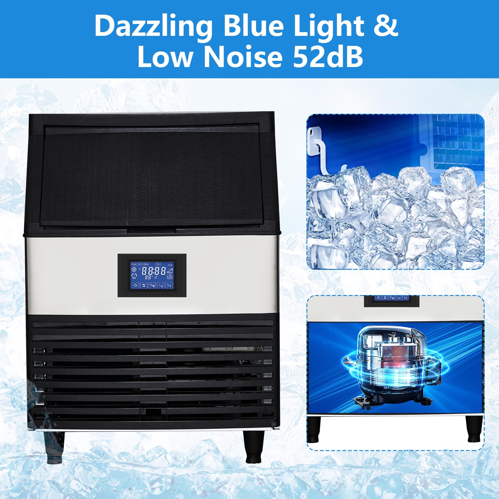 Commercial Ice Maker Machine 440lbs/24H, Stainless Steel Under Counter ice Machine with 40L Ice Storage Capacity, 8 * 20 Ice Cube Freestanding Ice Maker