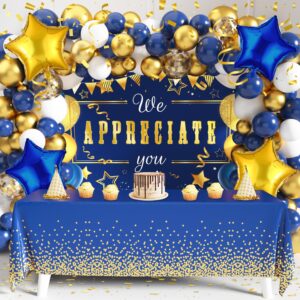 we appreciate you banner backdrop appreciation decorations kit thank you banner balloons table cloth for teacher doctor staff nurse pastor appreciation employee graduation party (blue)