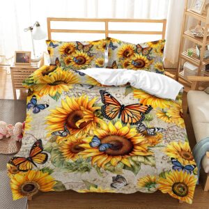 ailonen sunflower duvet cover set king size,sunflower bedding sets butterfly comforter cover set,retro sunflower printed yellow flower comforter cover set 3 pieces, 1 quilt cover and 2 pillowcases