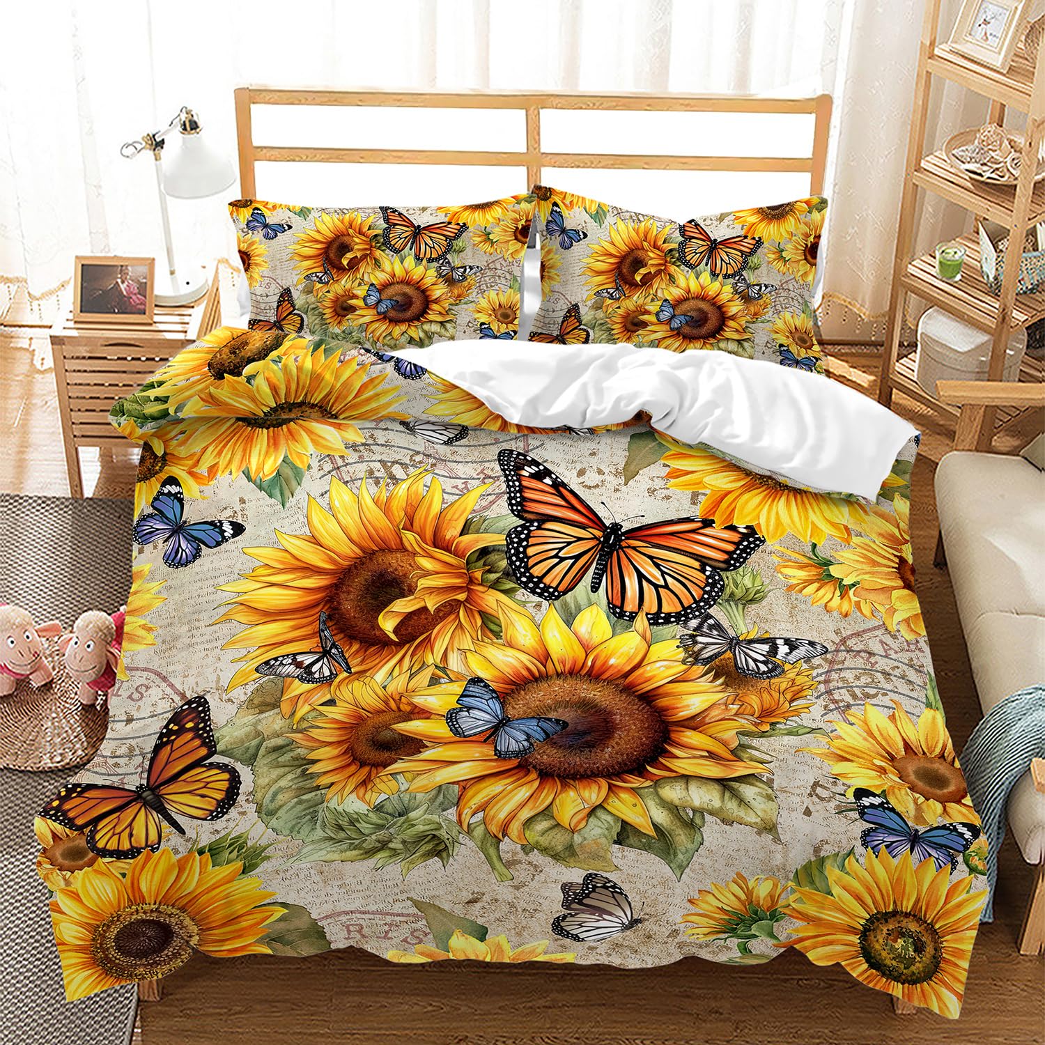 AILONEN Sunflower Duvet Cover Set Queen Size,Sunflower Bedding Sets Butterfly Comforter Cover Set,Retro Sunflower Printed Yellow Flower Comforter Cover Set 3 Pieces, 1 Quilt Cover and 2 Pillowcases