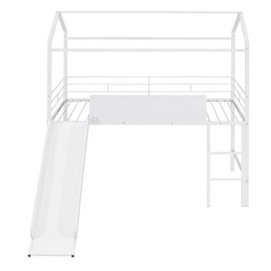 BOVZA Twin Size Metal House Loft Bed with Slide and Roof, Multifunctional Loftbed Frame with Two-Sided Writable Wooden Board, White